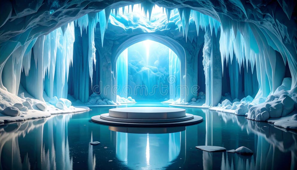 Icy Blue Cave with Reflective Platform Stock Illustration ...