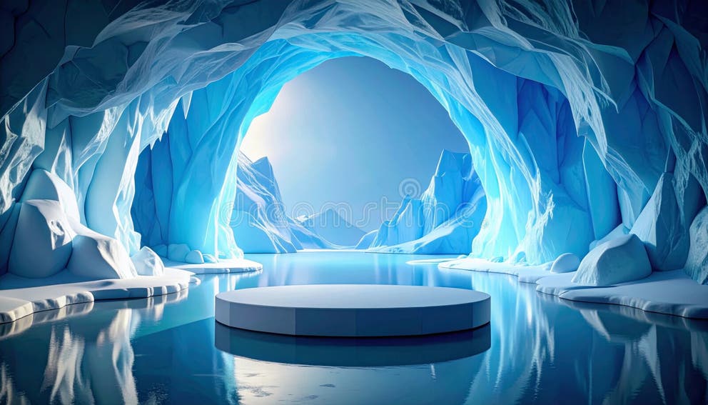 Icy Blue Glacial Cave with Platform and Mountain Reflections Stock ...