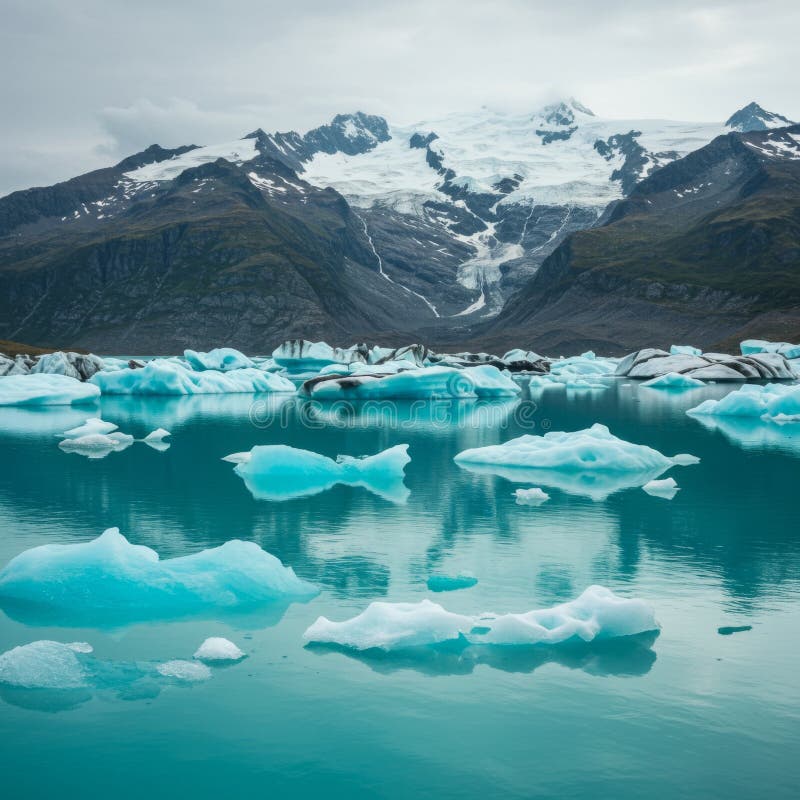Icy Blue Glacial Lake with Snow Capped Mountains Stock Illustration ...