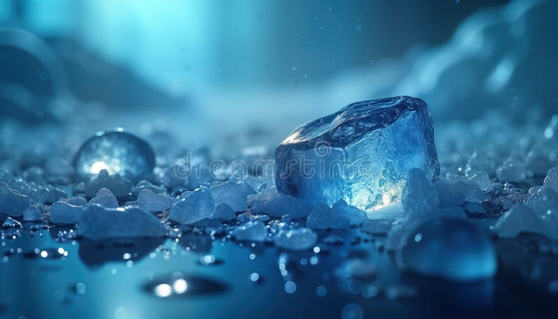 Icy Blue Scene Shows Large, Small Ice Crystals. Translucent Ice Cube ...