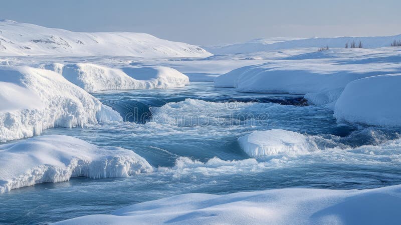 Icy Blue Waterfall in Snowy Icelandic Landscape Stock Illustration ...