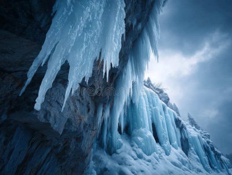 Icy Cave with Blue Icicles and Dramatic Sky Stock Illustration ...
