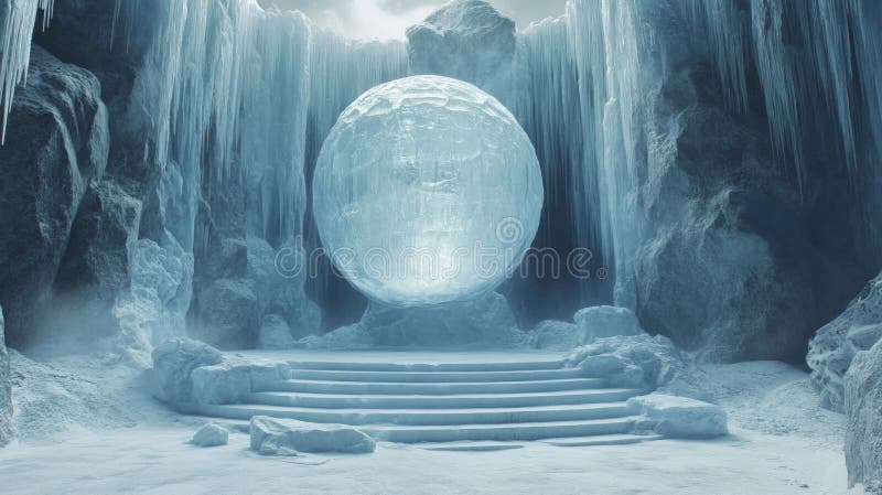 Icy Cave with Crystal Sphere and Stone Steps Stock Illustration ...
