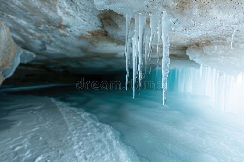 Icy Cave with Frozen Icicles and Turquoise Water Stock Illustration ...
