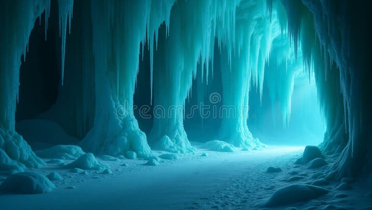 Icy Cavern Interior with Hanging Icicles and a Glowing Light at the End ...