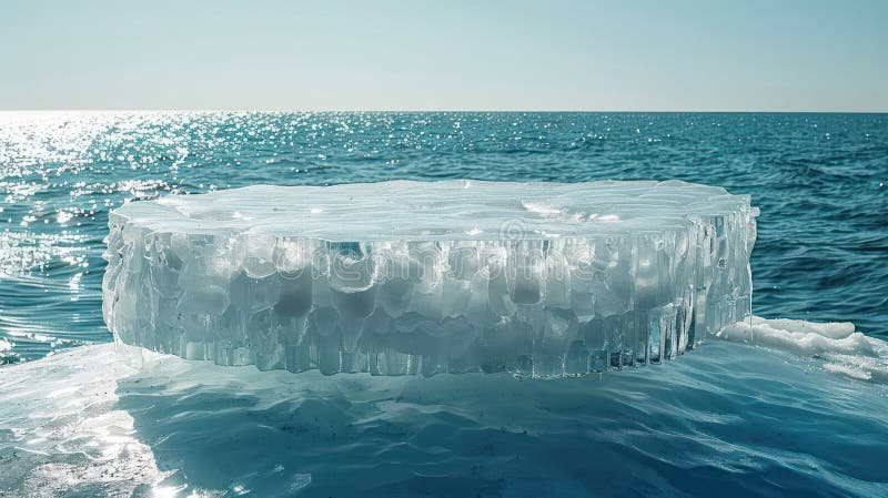 Icy Circular Platform Floating in Clear Blue Ocean Under Sunny Sky ...