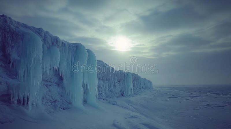 Icy Cliff Face with Long Icicles Under Cloudy Sky Stock Illustration ...