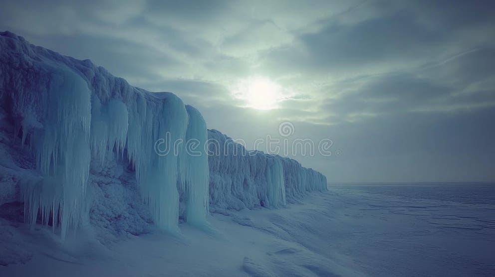 Icy Cliff Face with Long Icicles Under Cloudy Sky Stock Illustration ...