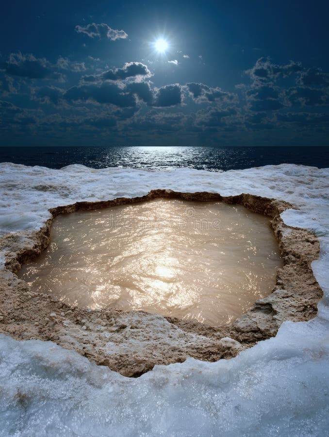 Icy coastal pool at sunset stock illustration. Illustration of view ...
