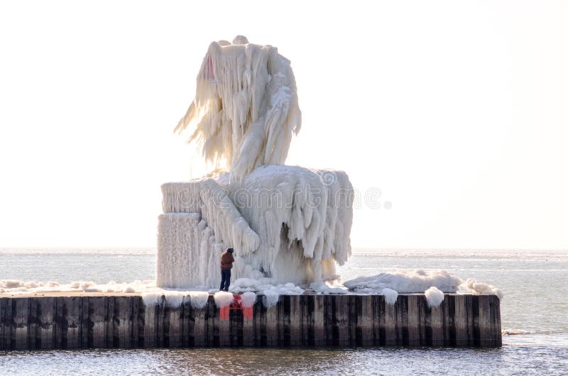 Icy Covered Lighthouse Beacon Stock Photo - Image of nature, greatlakes ...