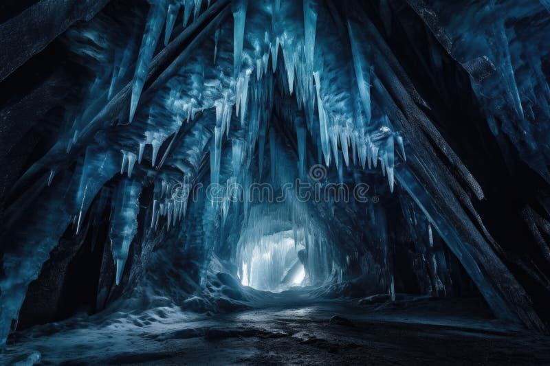 Icy Crystal Structures in a Dark, Cold Cave Stock Image - Image of ...