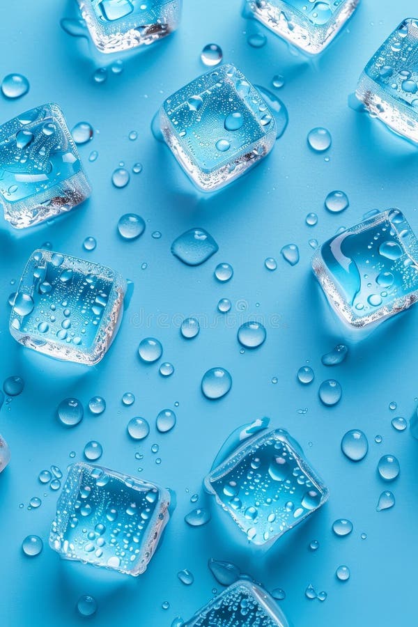 Icy Cubes with Shimmering Water Droplets on Calm Blue Backdrop for a ...