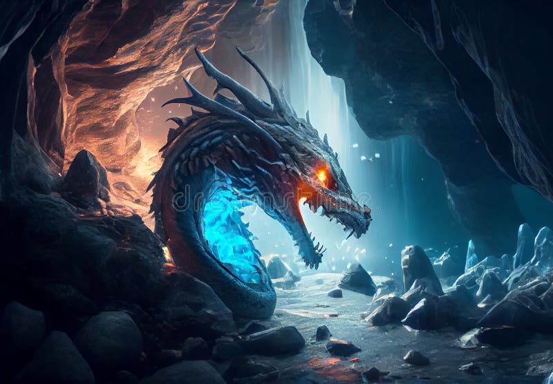 An Icy Dragon in a Damp Dark Cave. Angry Lizard Breathing Fire Stock ...