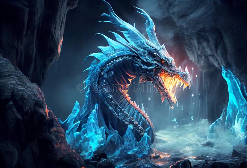 An Icy Dragon in a Damp Dark Cave. Angry Lizard Breathing Fire Stock ...