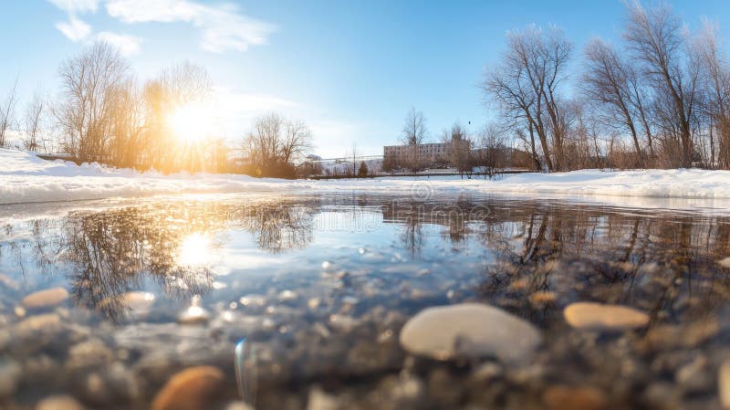 Icy Formations in Clear Water at Dusk Revealing Subtle Reflections in ...