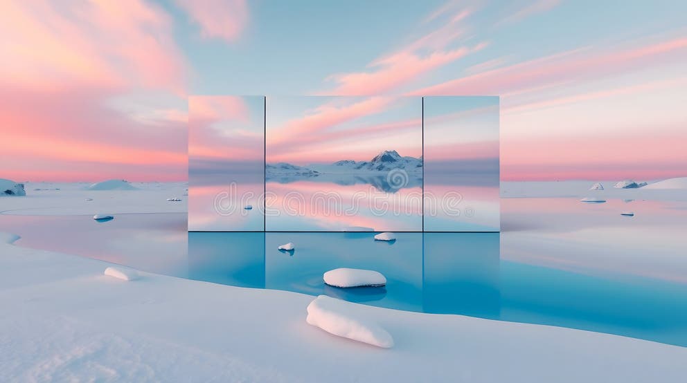 Icy Landscape with Reflective Rectangular Structure Mirroring Pastel ...