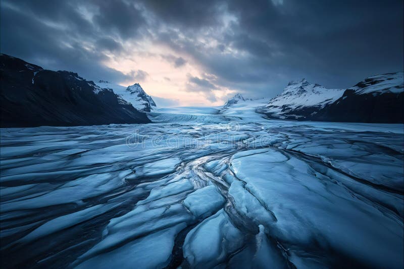 Icy Landscape with Rugged Mountains Under a Dramatic Cloudy Sky Stock ...