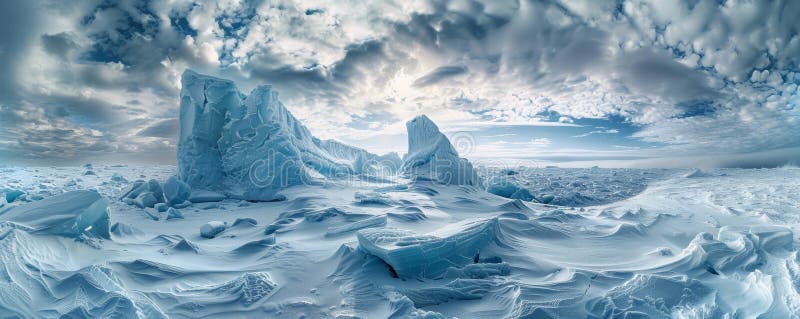 Icy Landscape with Towering Icebergs Under a Dramatic Sky, Panoramic ...
