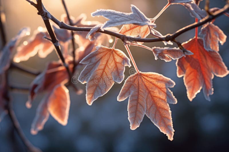 Icy Leaves Backlit by Soft Sunlight Stock Illustration - Illustration ...
