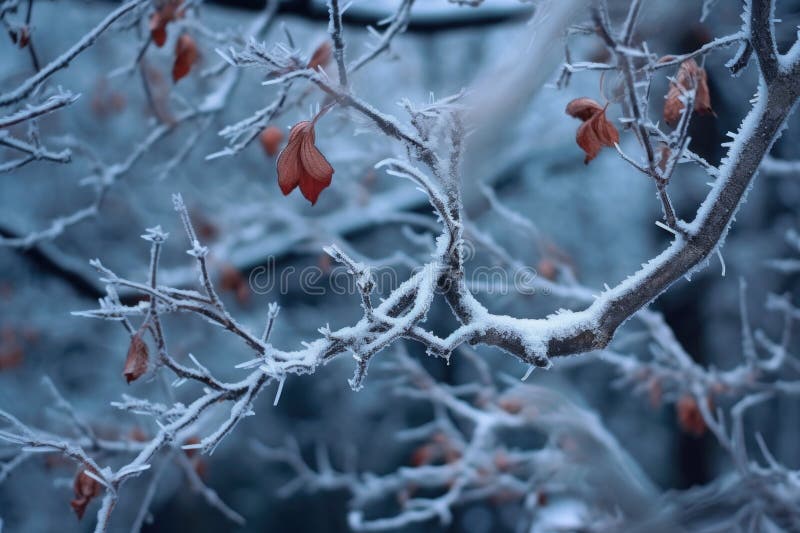 Icy Leaves Clinging To a Tree Branch after a Storm Stock Illustration ...