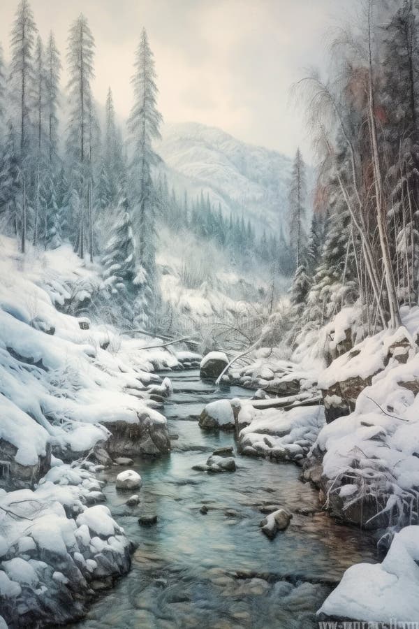 Icy Mountain Stream in Snowy Landscape Stock Illustration ...