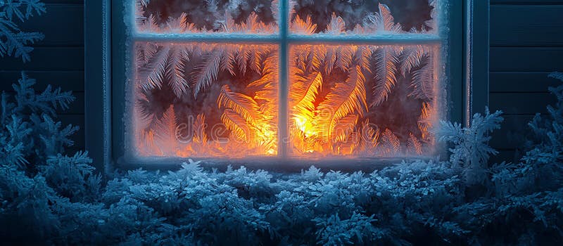Icy Patterns on a Frozen Window with a Glowing Fire Inside Stock ...