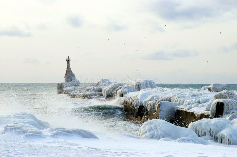 The Icy pier. stock image. Image of winter, evening, storm - 4466479