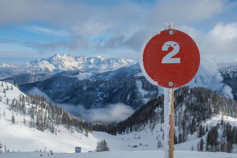 An Red Sign Marks a Red Slope in the Ski Area Stock Photo - Image of ...