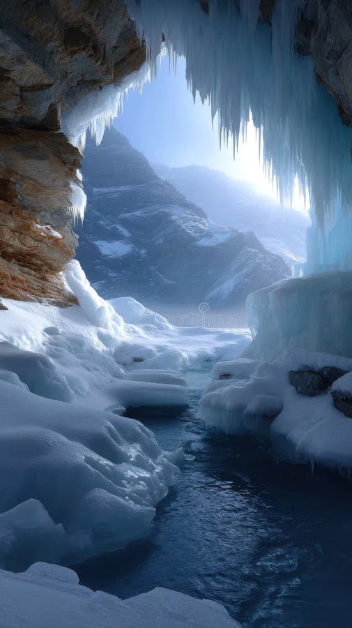 Icy River Flows through Cave with Snow and Icicles in a Winter ...
