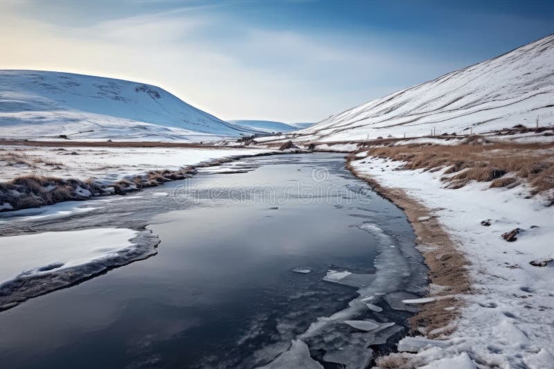 Icy River Meandering through a Desolate Landscape Stock Photo - Image ...