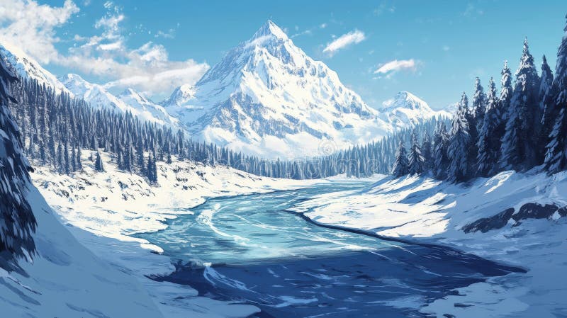 Icy River Winding through a Snowy Mountain Landscape Stock Illustration ...