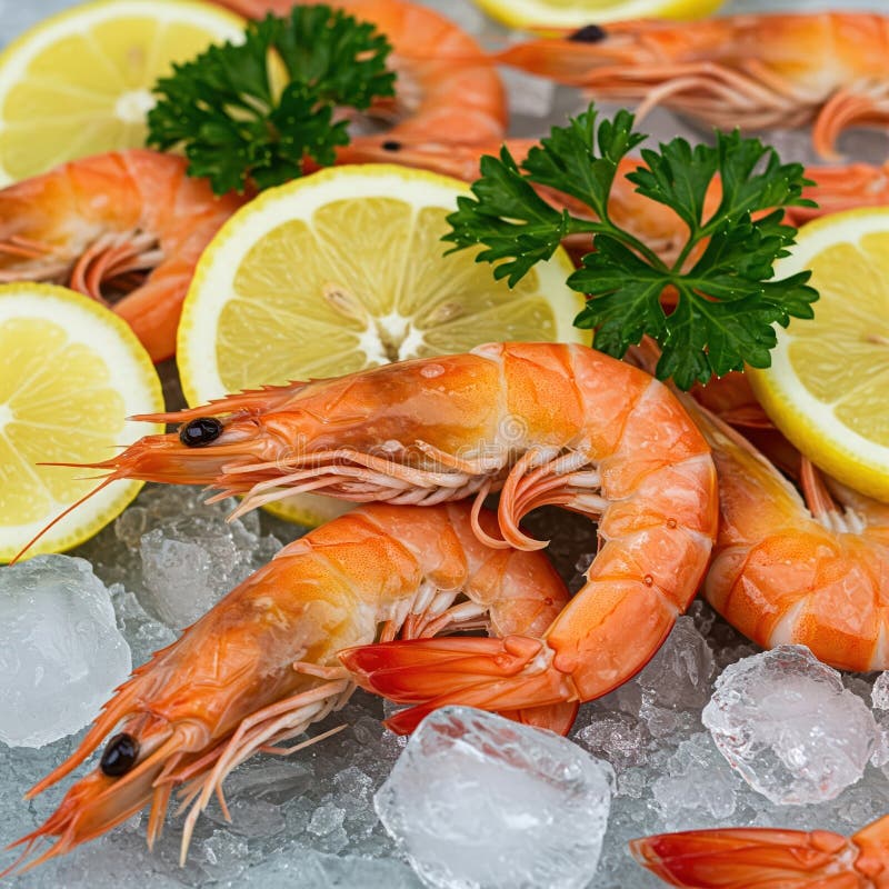 Icy Shrimp Display with Garnishes Stock Image - Image of detail ...
