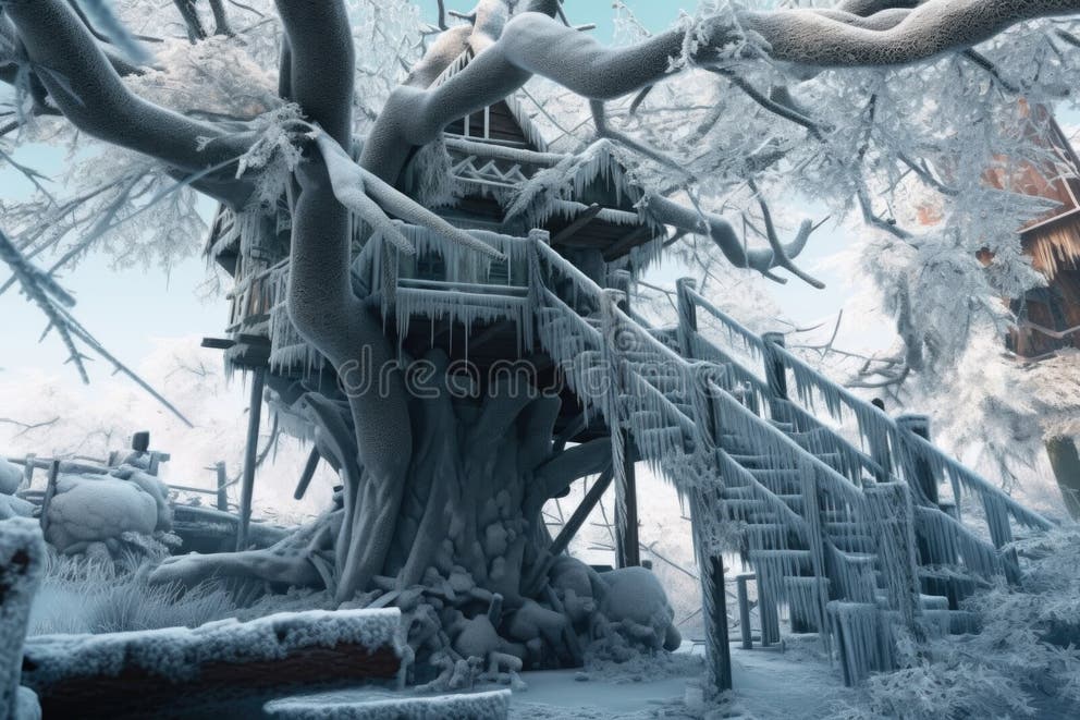 Icy Tree Branches Surrounding Abandoned Treehouse Stock Image - Image ...