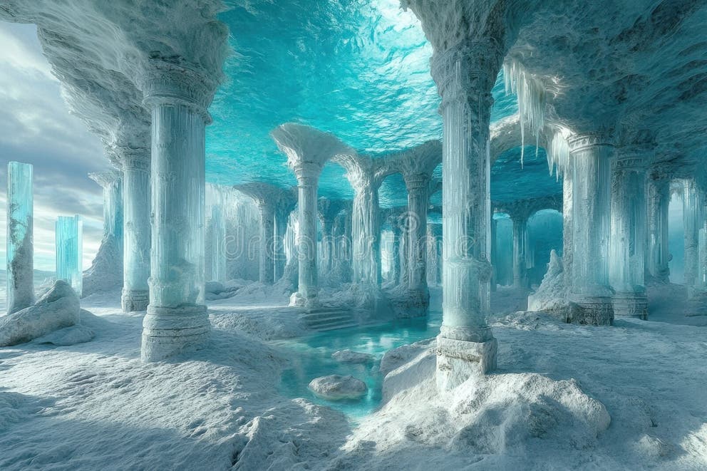 Icy Underground Cavern with Towering Pillars and a Serene Turquoise ...