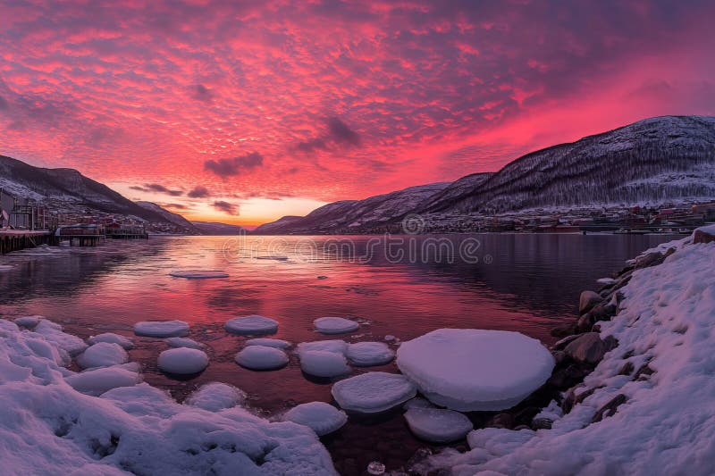 Icy Water Serves As the Backdrop for a Vibrant Sunset, Creating a Fiery ...