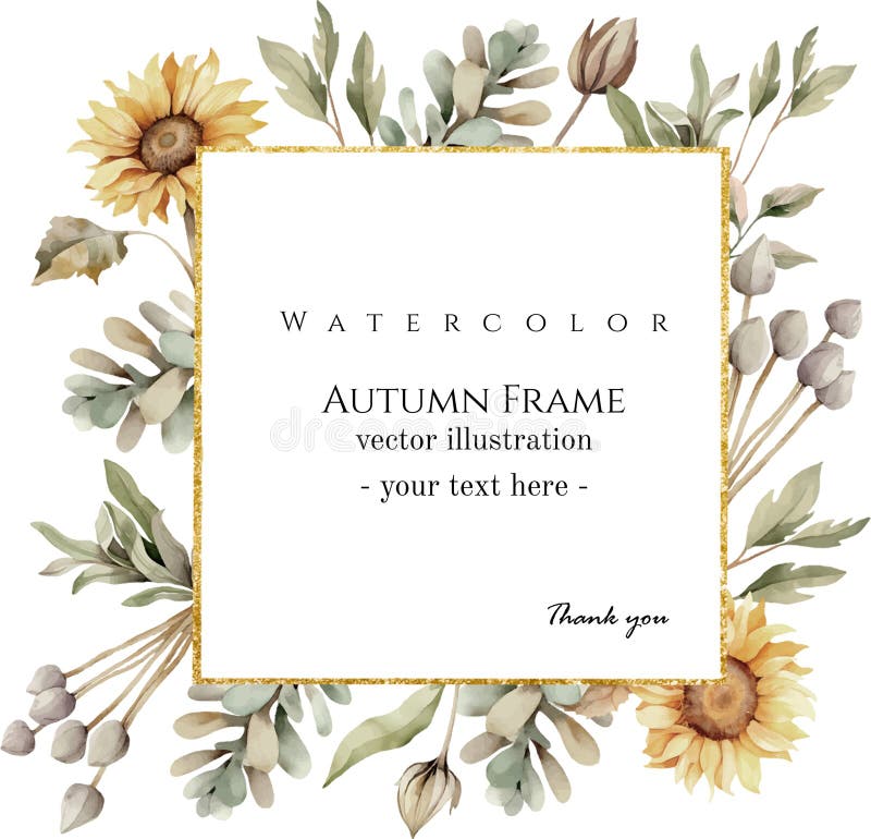 Botanical Square Decorative Frame with Sunflowers, Watercolor Vector ...