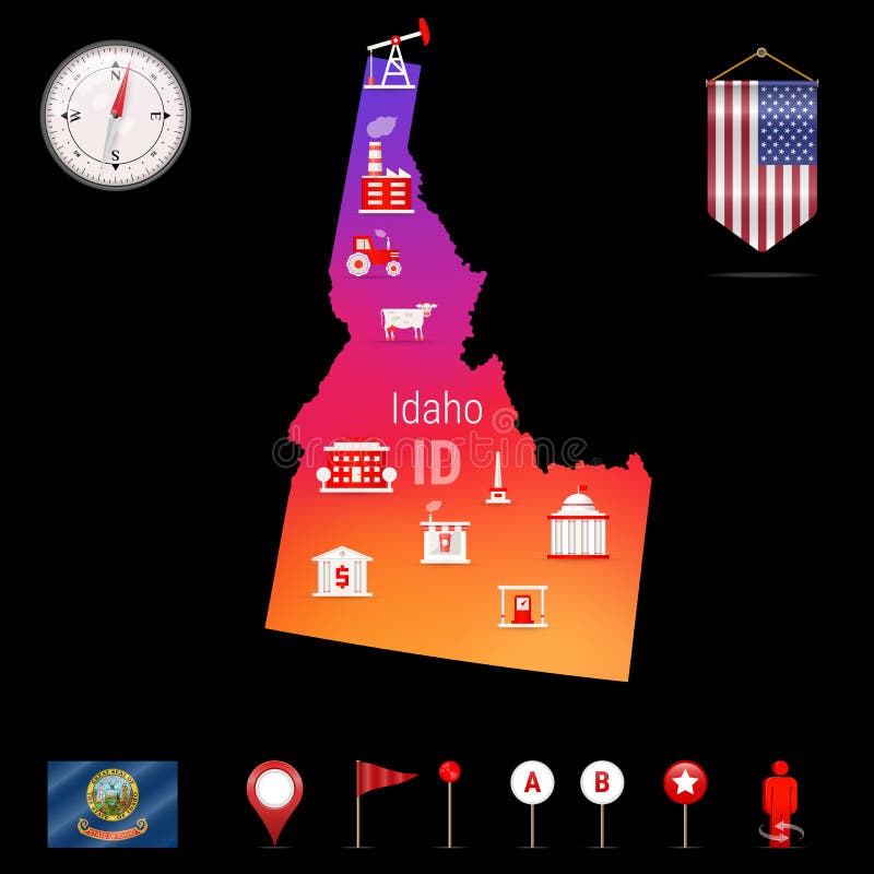 Idaho Vector Map, Night View. Compass Icon, Map Navigation Elements ...