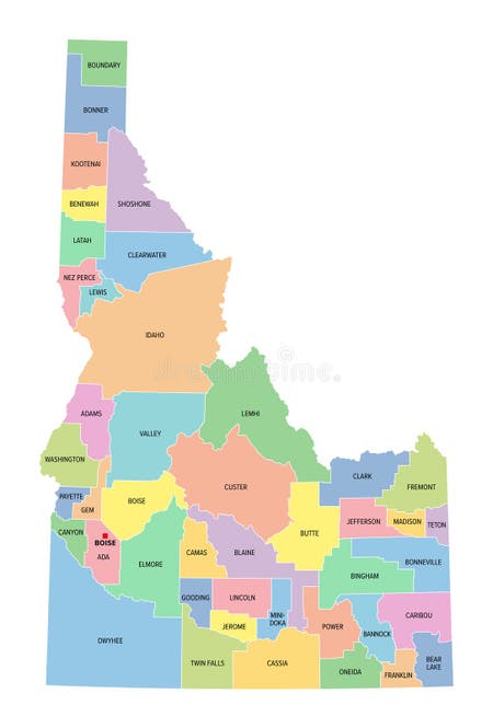 Idaho, U.S. State, Subdivided into 44 Counties, Multi Colored Map Stock ...