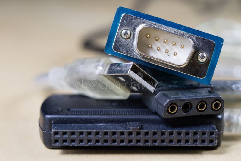 IDE and USB Socket on a Wooden Workshop Table. Computer Connecto Stock ...