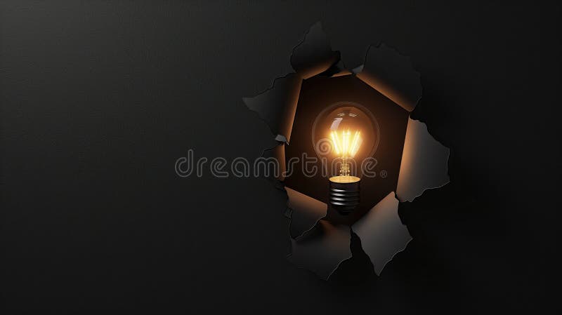 Idea Concept. Light Bulb Coming Out of Hole in Black Paper Stock ...