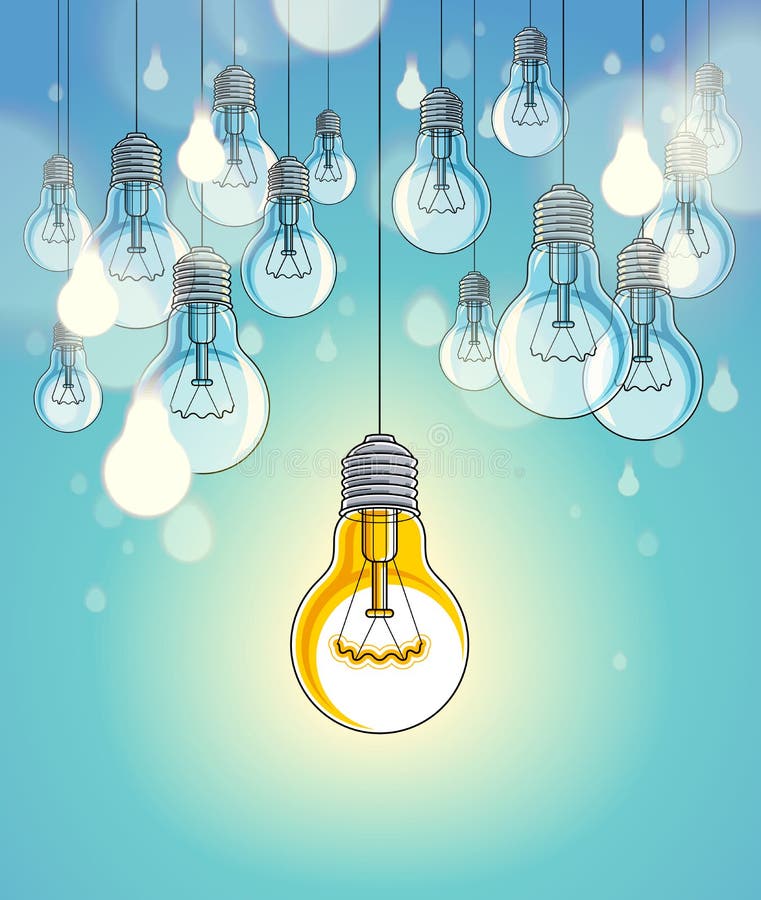 Idea Concept Light Bulbs Vector Illustration with Single One is Shining ...