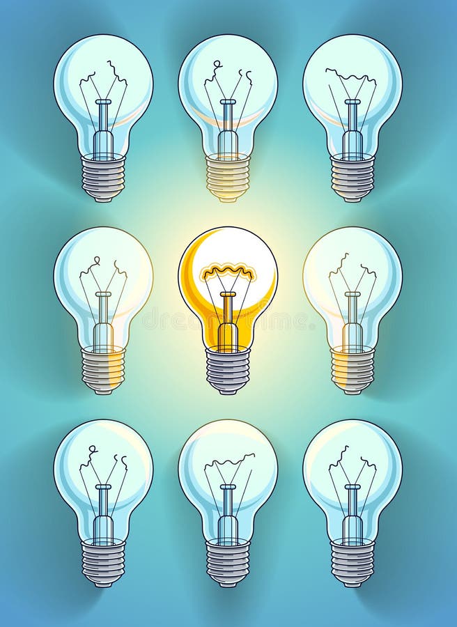 Idea Concept Light Bulbs Vector Illustration With Single One Is Shining ...