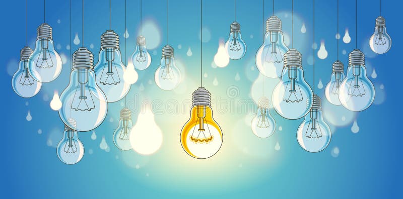 Idea Concept Light Bulbs Vector Illustration with Single One is Shining ...