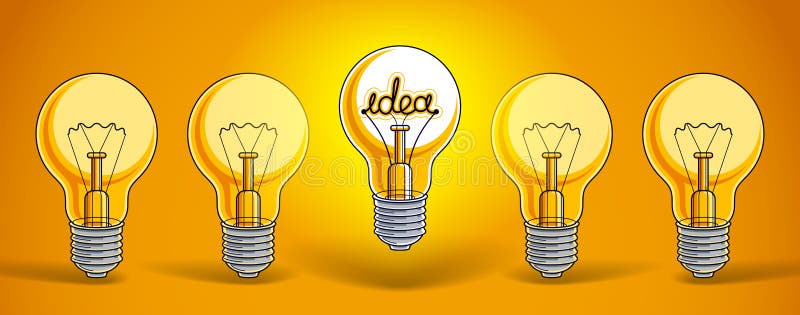 Idea Concept Light Bulbs Vector Illustration with Single One is Shining ...