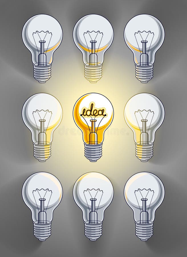 Idea Concept Light Bulbs Vector Illustration with Single One is Shining ...