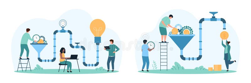 Idea Creation and Monetization Process Set, Tiny People Work with Light ... Idea Creation and Monetization Process Set, Tiny People Work with Light ...
