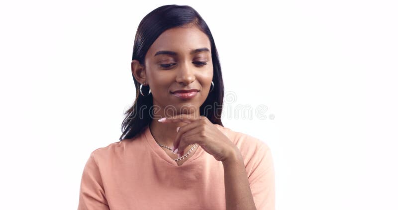 Idea, Doubt and Face of Woman in Studio Confused by Choice, Decision ...