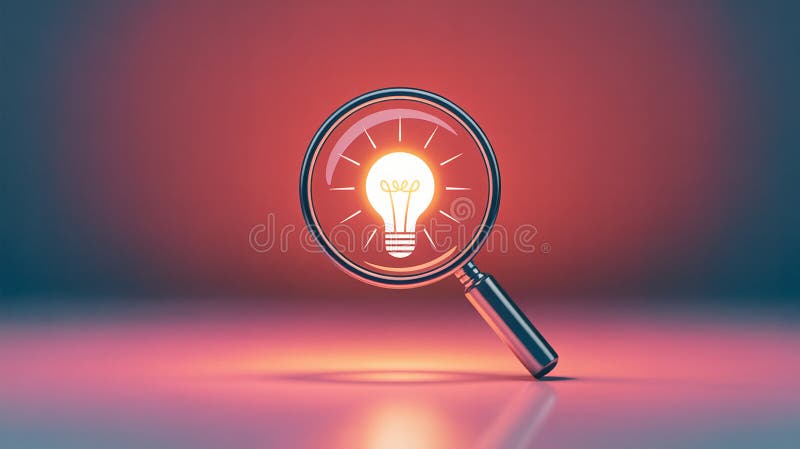 Idea Generation Concept with Magnifying Glass and Light Bulb for Innovation and Problem Solving ...