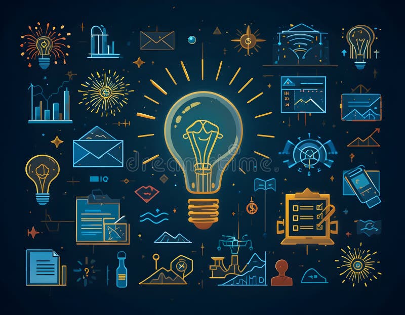Idea Generation with Light Bulb and Business Icons Stock Illustration ...