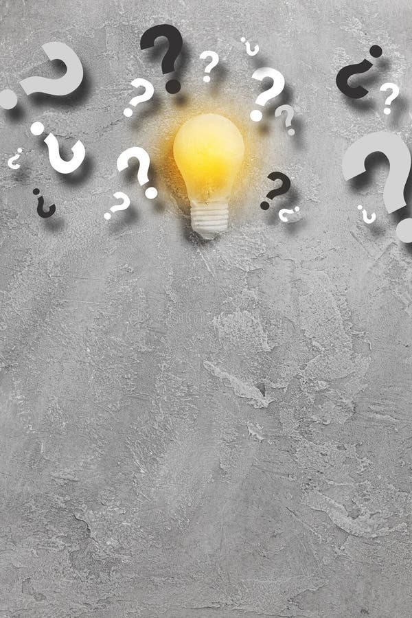 Idea Glowing Light Bulb, Curtain Question Symbols on Gray Concrete ...